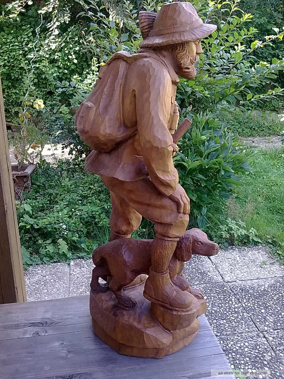 Holzfigur Handgeschnitzt " Jäger Mit Hund " 68cm Signiert 1990