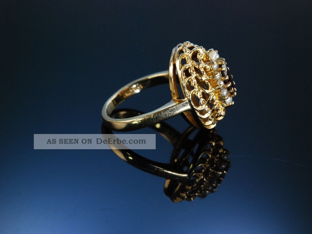 Grosser Ring Granat Naturperlen Gold 375 Perlenring London Um 1971 ... Grosser Ring Granat Naturperlen Gold 375 Perlenring London Um 1971 ...