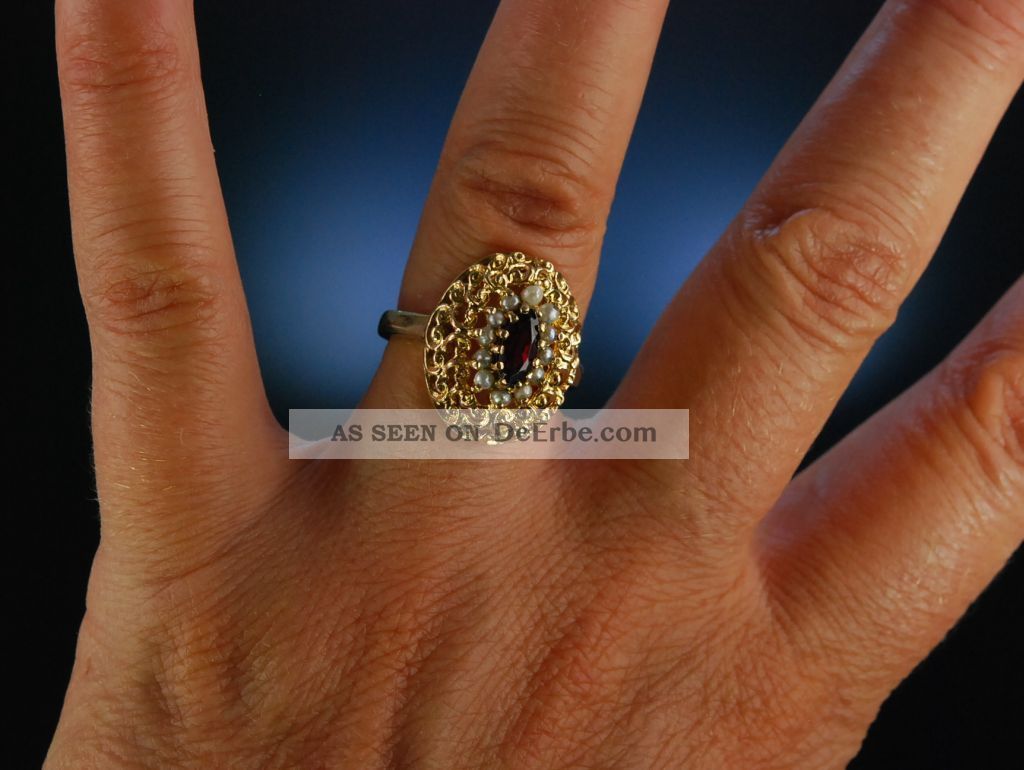 Grosser Ring Granat Naturperlen Gold 375 Perlenring London Um 1971 ... Grosser Ring Granat Naturperlen Gold 375 Perlenring London Um 1971 ...