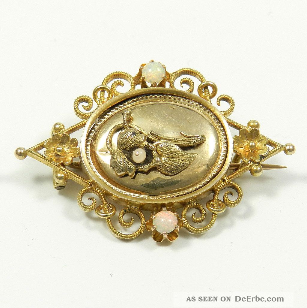Biedermeier Brosche In 585 Gold Mit Aufgelegtem Blatt & Opalen Um 1860 ...