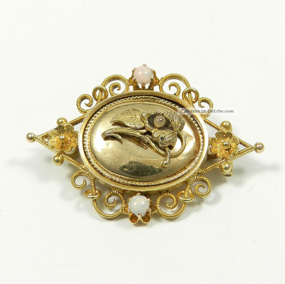 Biedermeier Brosche In 585 Gold Mit Aufgelegtem Blatt & Opalen Um 1860 ...