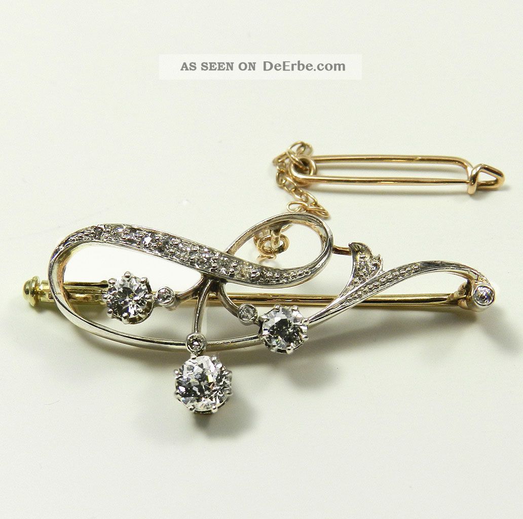 Um 1910 - 1 Ct Diamant Brosche / Nadel In 585 Gold & Platin Diamond Brooch