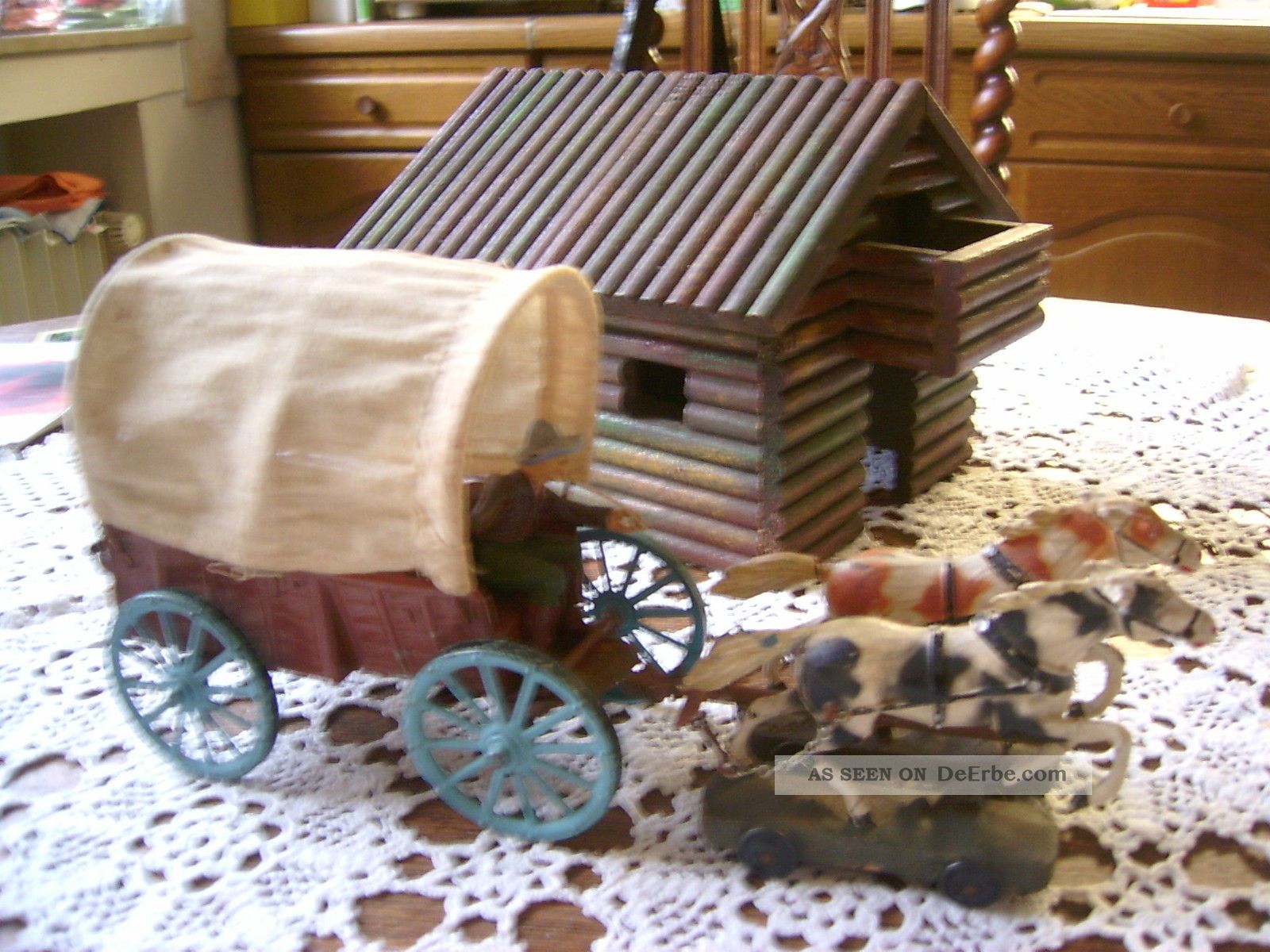 Elastolin, Lineol Planwagen, Pferdegespann Blech, Und Ein Blockhaus