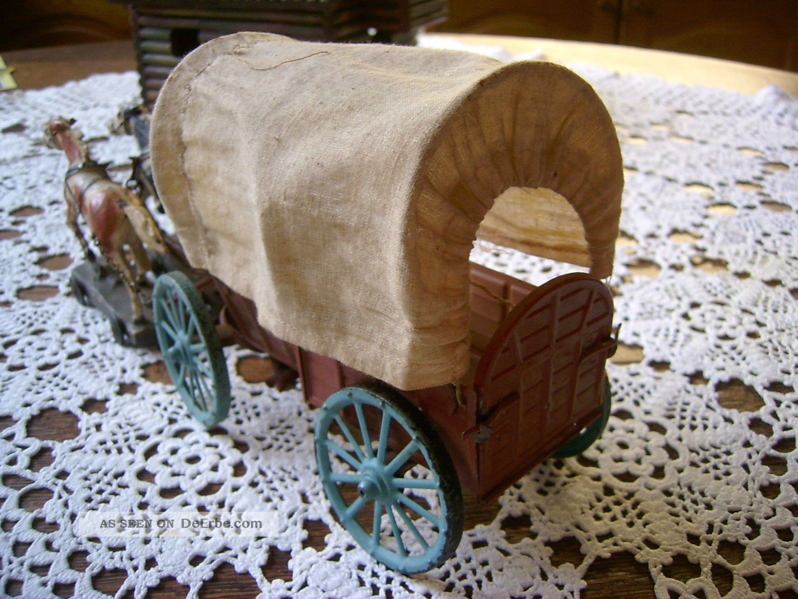 Elastolin, Lineol Planwagen, Pferdegespann Blech, Und Ein Blockhaus