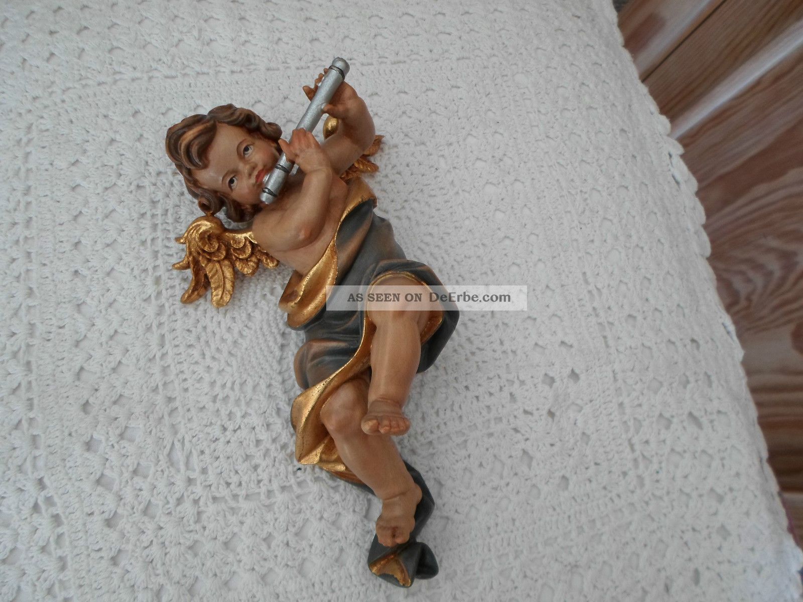 ErbstÜck 1 Putte / Engel Holz Handbemalt 20 / 12 Cm. 6 Cm. Tief.