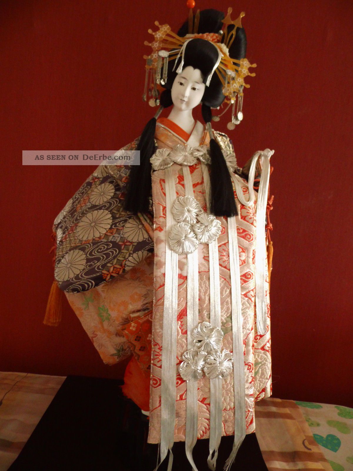 Old Gofun Handmade Rare Japanese Iki Ningyo Doll Silk 70cm 27, 5 Inch Oiran