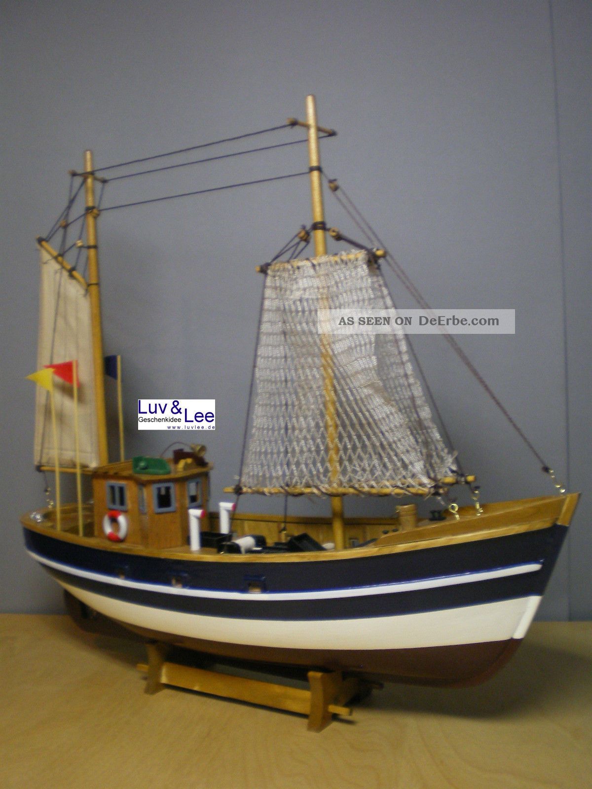 Fischerboot Standmodell, Blau/weiss/rotbraun, Mit Netz Und Segel ...