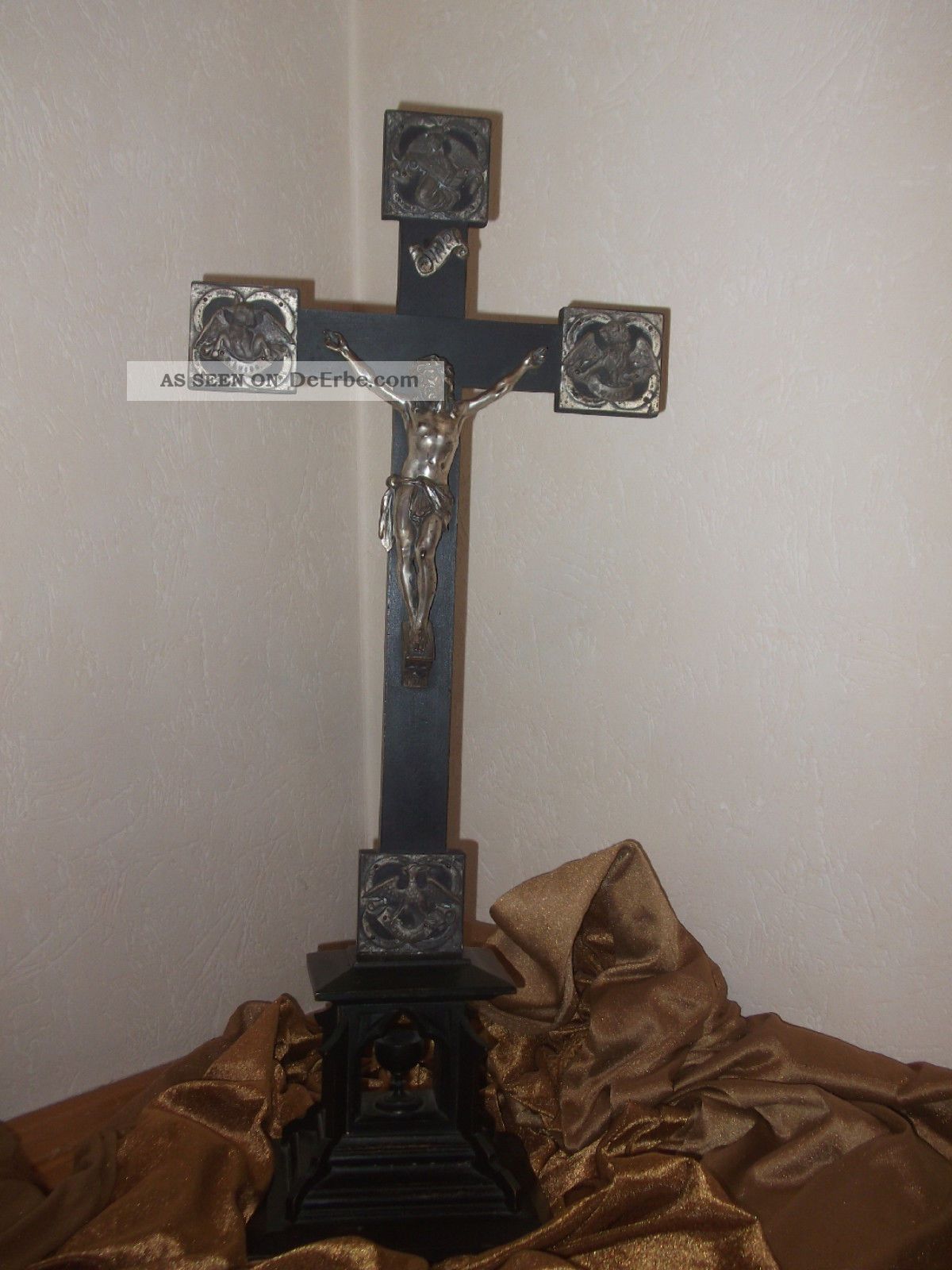 Antique German Standing Cross Crucifix Jesus Christ Silvered Spelter ...