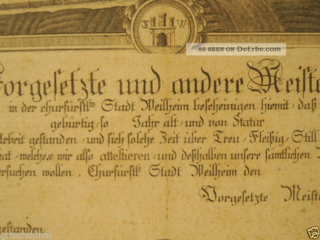Originaler Alter Gesellenbrief Der Stadt Weilheim, Dat. 1798