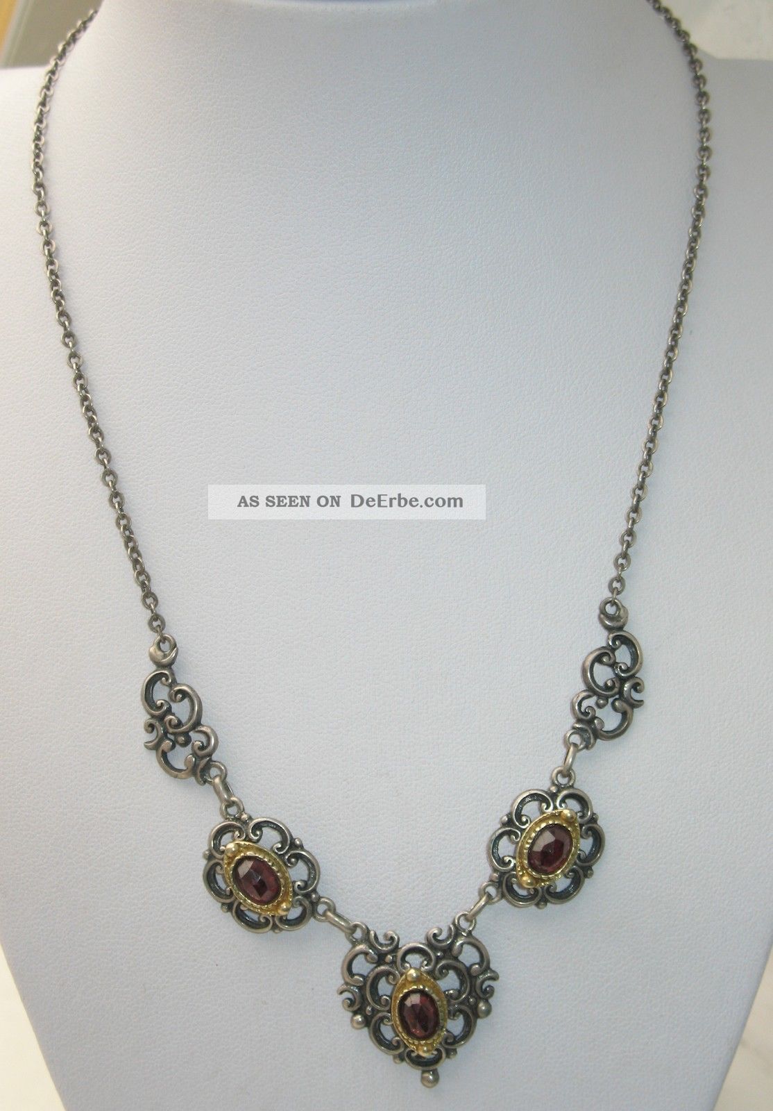 Jugendstil 835er Silber 585er Gold Collier 3 X Granat Ananasschliff