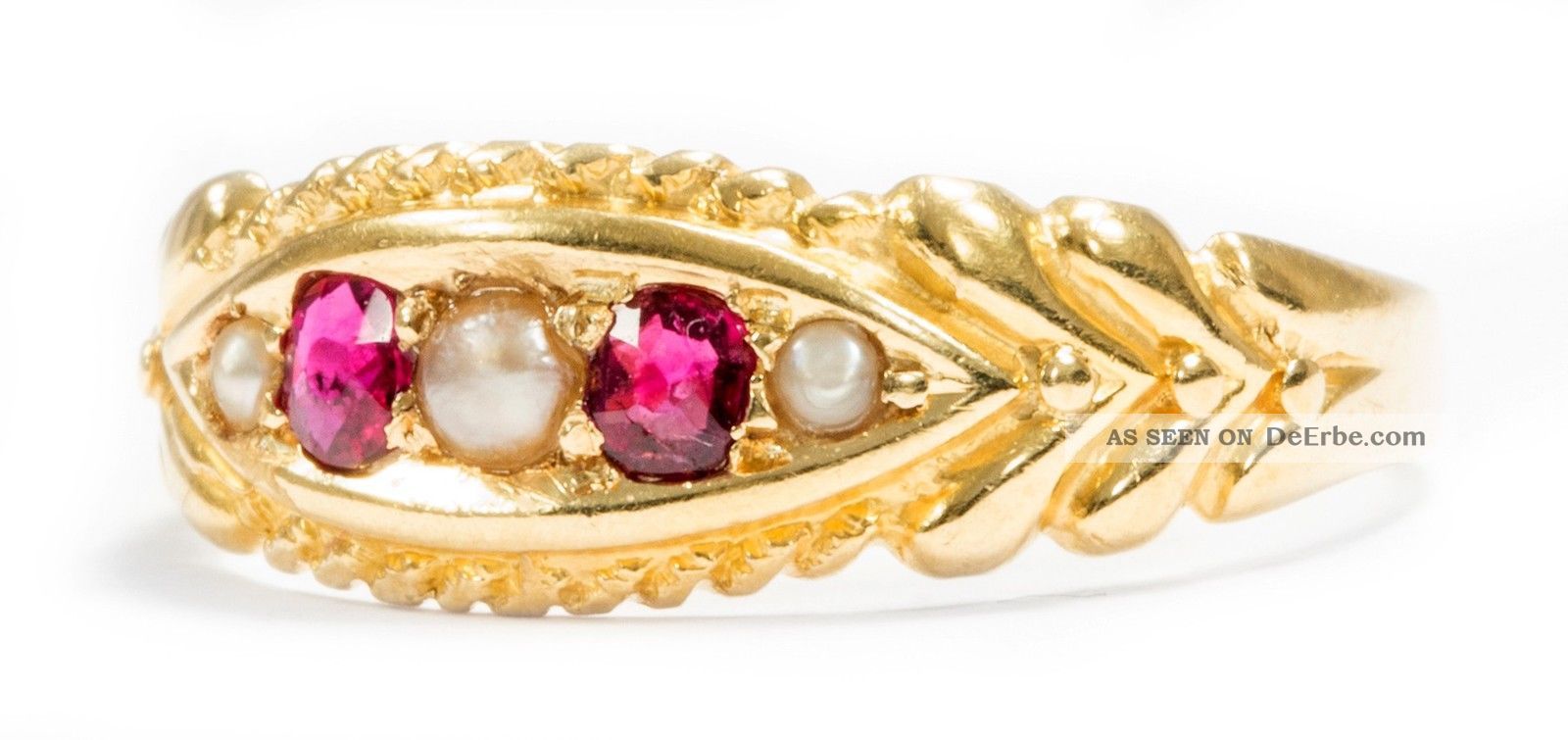 Victorian Um 1900: Rubine & Perlen Auf 750 Gold Ring Rubin / 18k Ruby Pearl