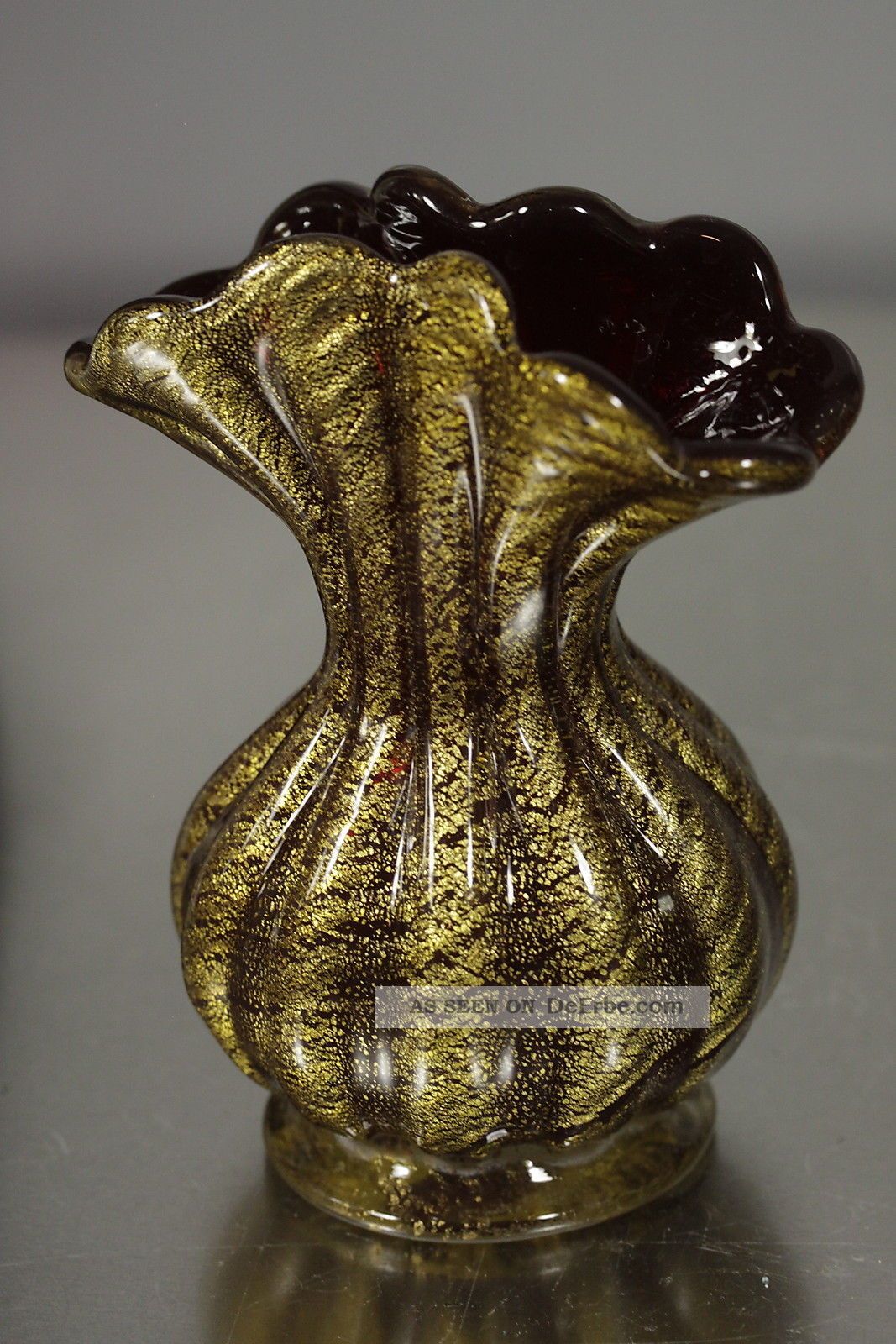 Deco Blumenvase Bauch Vase 11cm Glas Gold Rot Muschel Dekor Handwerk Antik