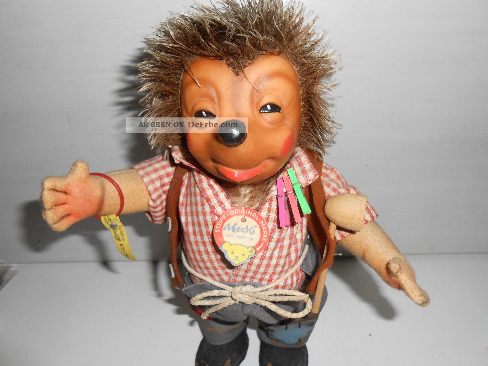 Mecki Steiff Mit Pfeife Und Klammern, Ca. 1960?, Auf Dem Armband Steht