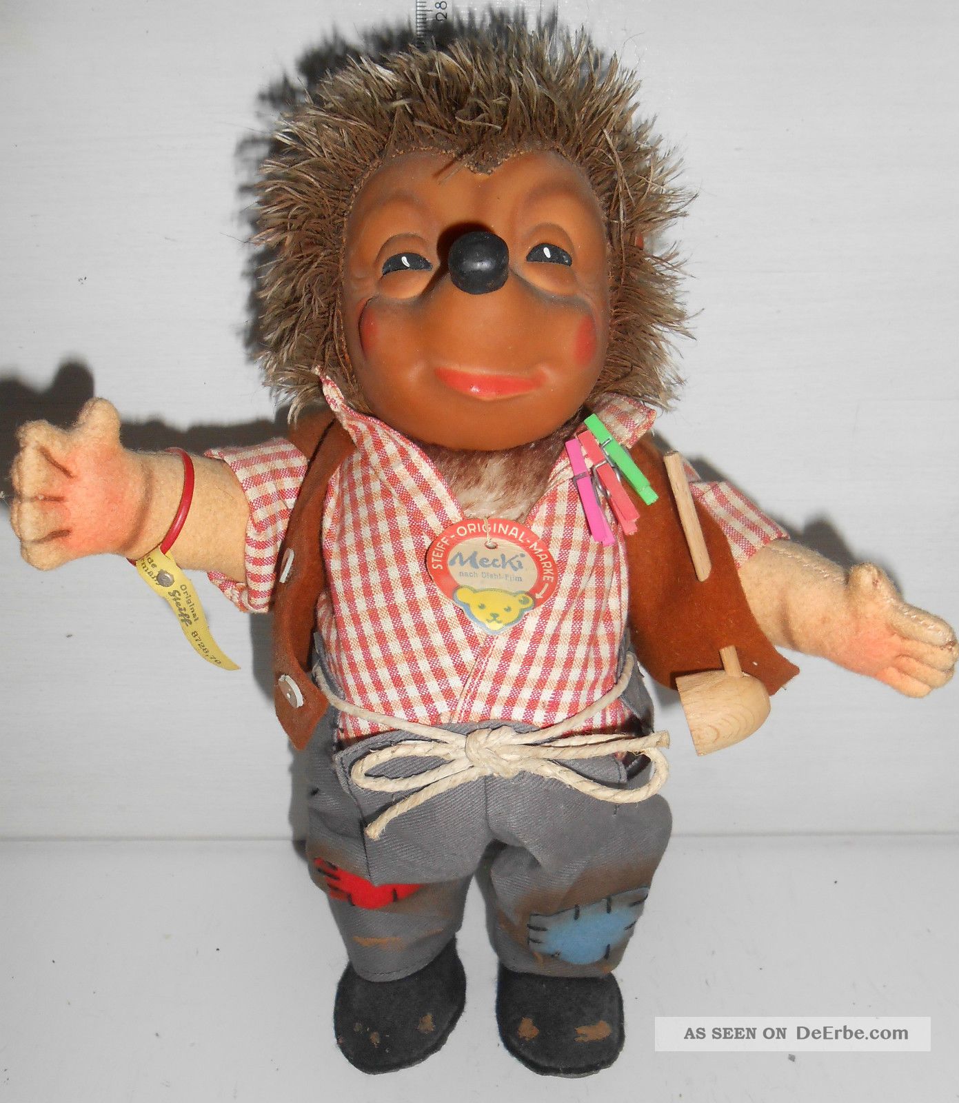 Mecki Steiff Mit Pfeife Und Klammern, Ca. 1960?, Auf Dem Armband Steht