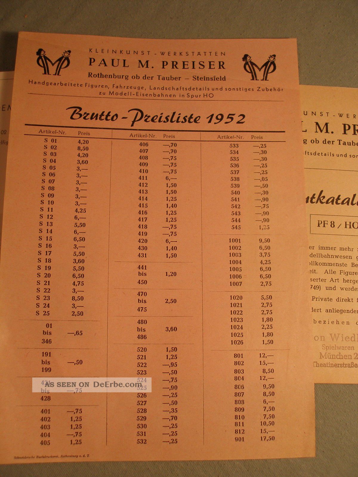 Preiser - Katalog Von 1952 Für Holzfiguren - Rarität