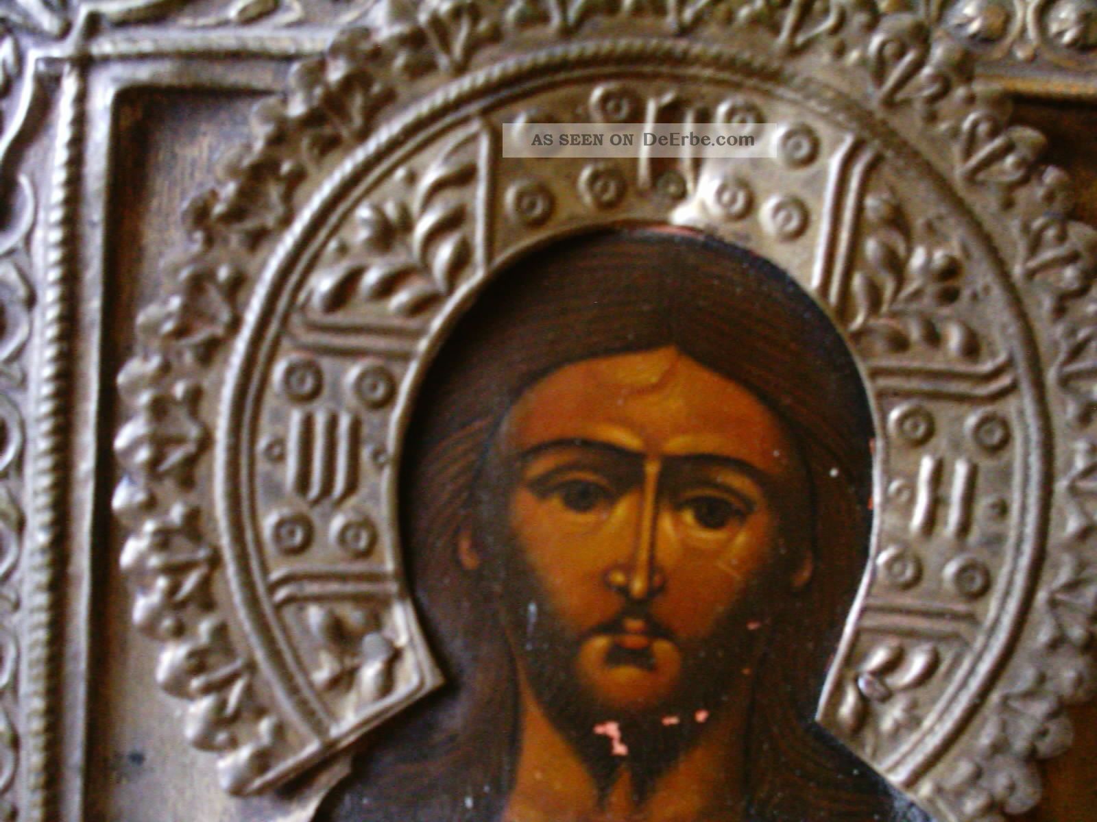 Alte Russische Ikone, Christus Pantokrator, Xix Jh, Holz, Mit Oklad