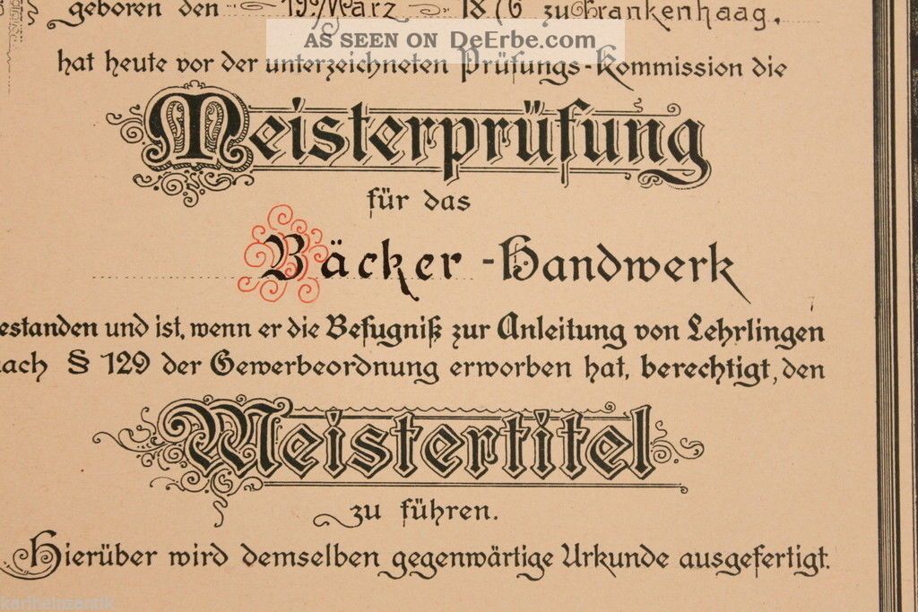 Schöner Meisterbrief 1905 Bäcker Handwerk Bayreuth Frankenhaag