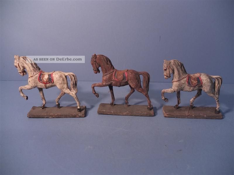 3 Alte Pferde, Massefiguren, Elastolin?, Lineol?, Wohl Um 1900