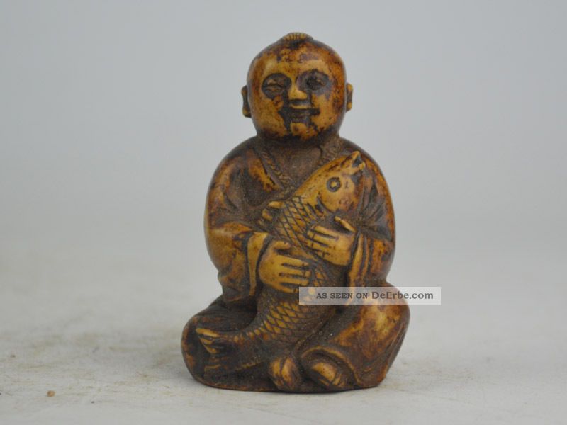 Old Exquisite Snowflake Stone 雪花石 Carving Children&fish Figure Statue China