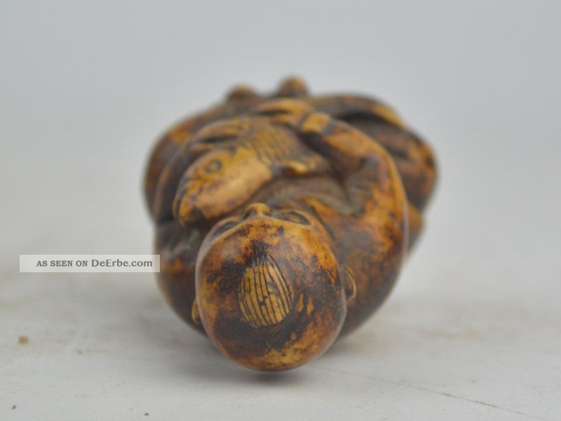 Old Exquisite Snowflake Stone 雪花石 Carving Children&fish Figure Statue China