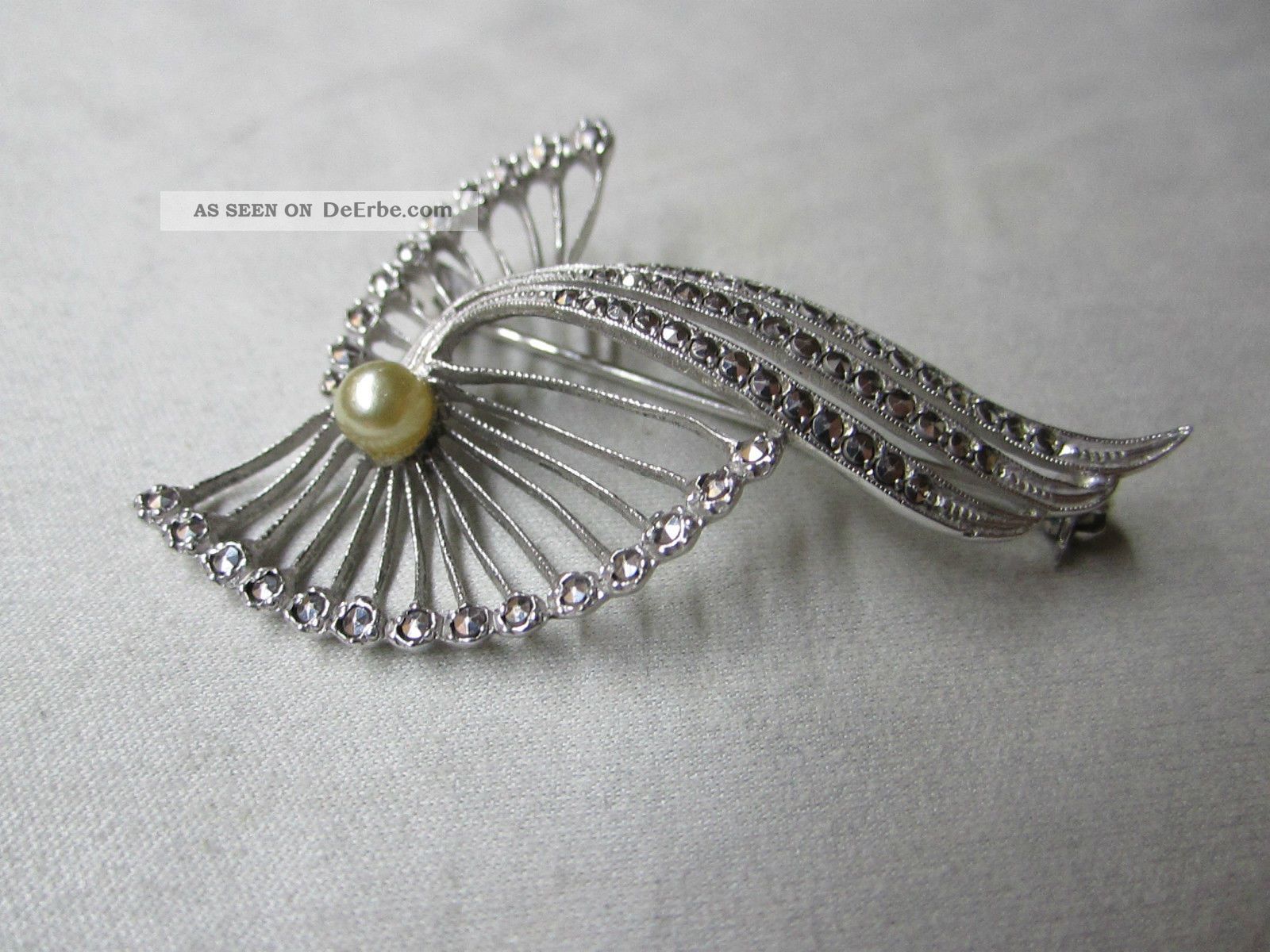 Alte Massive Brosche In Silber 925 Mit Markasit Und Perle