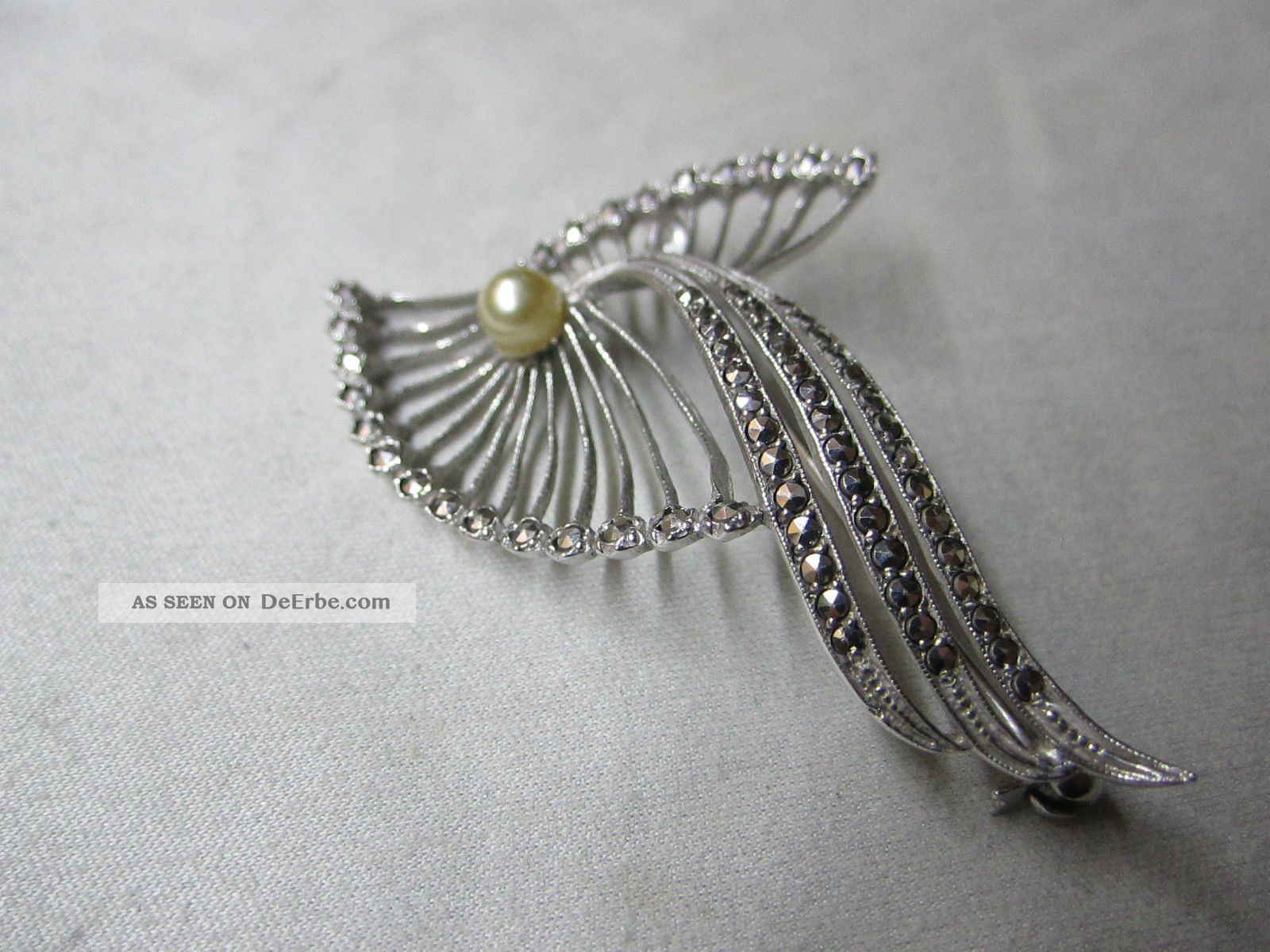 Alte Massive Brosche In Silber 925 Mit Markasit Und Perle