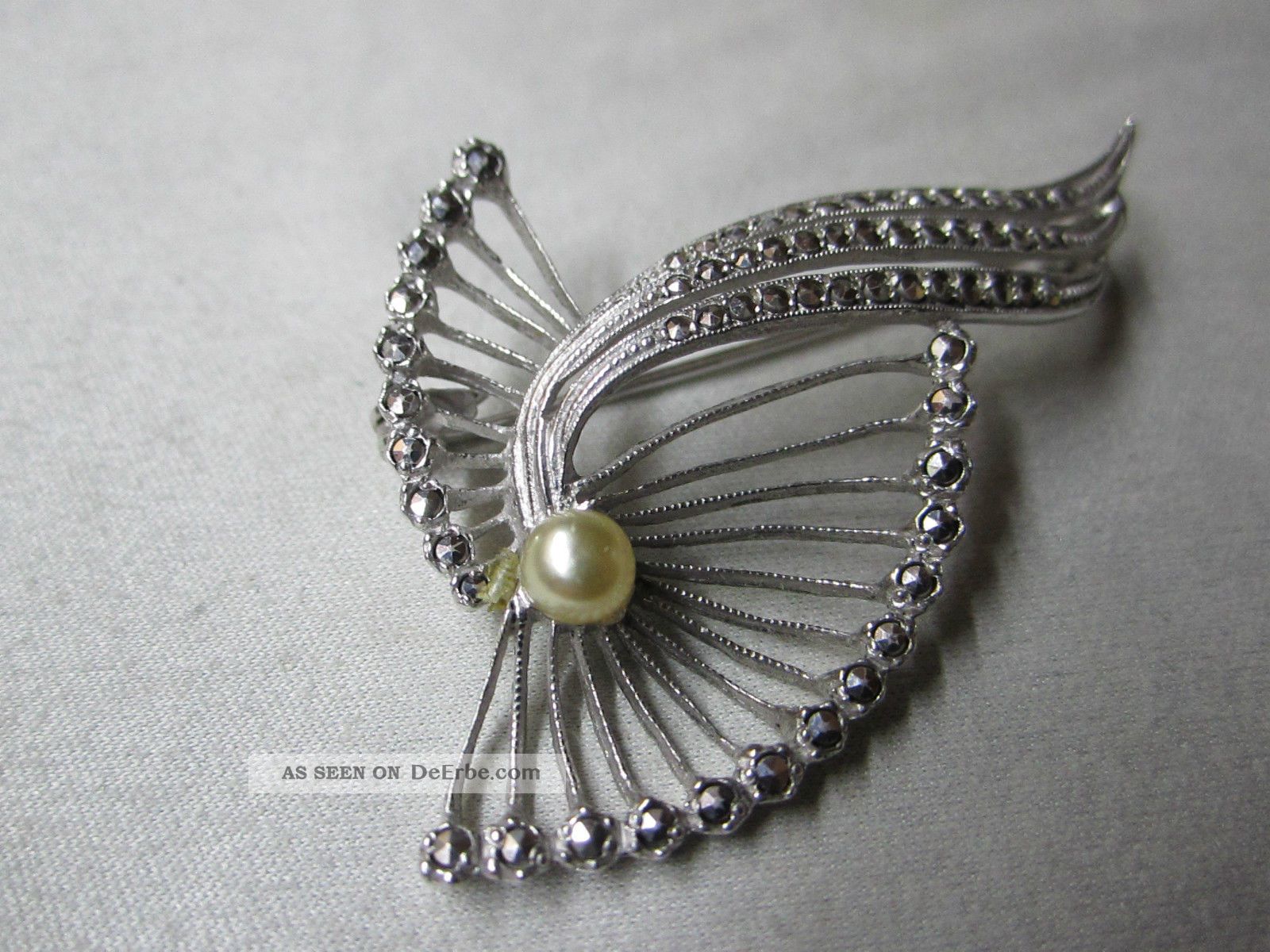 Alte Massive Brosche In Silber 925 Mit Markasit Und Perle