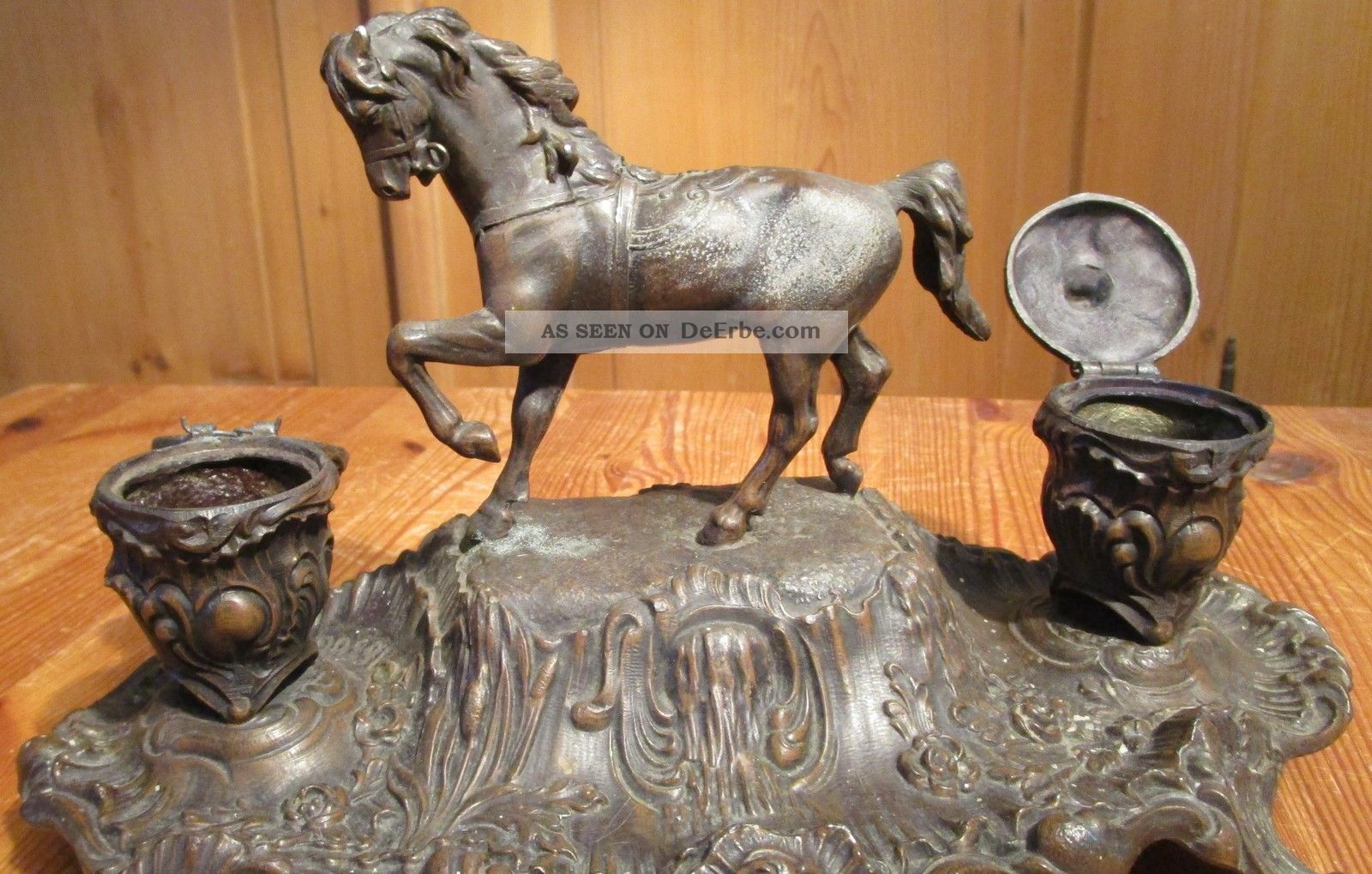 Pferd Figur Bronze Schreibtischset Antik Signiert / Horse Inkwell Bossu