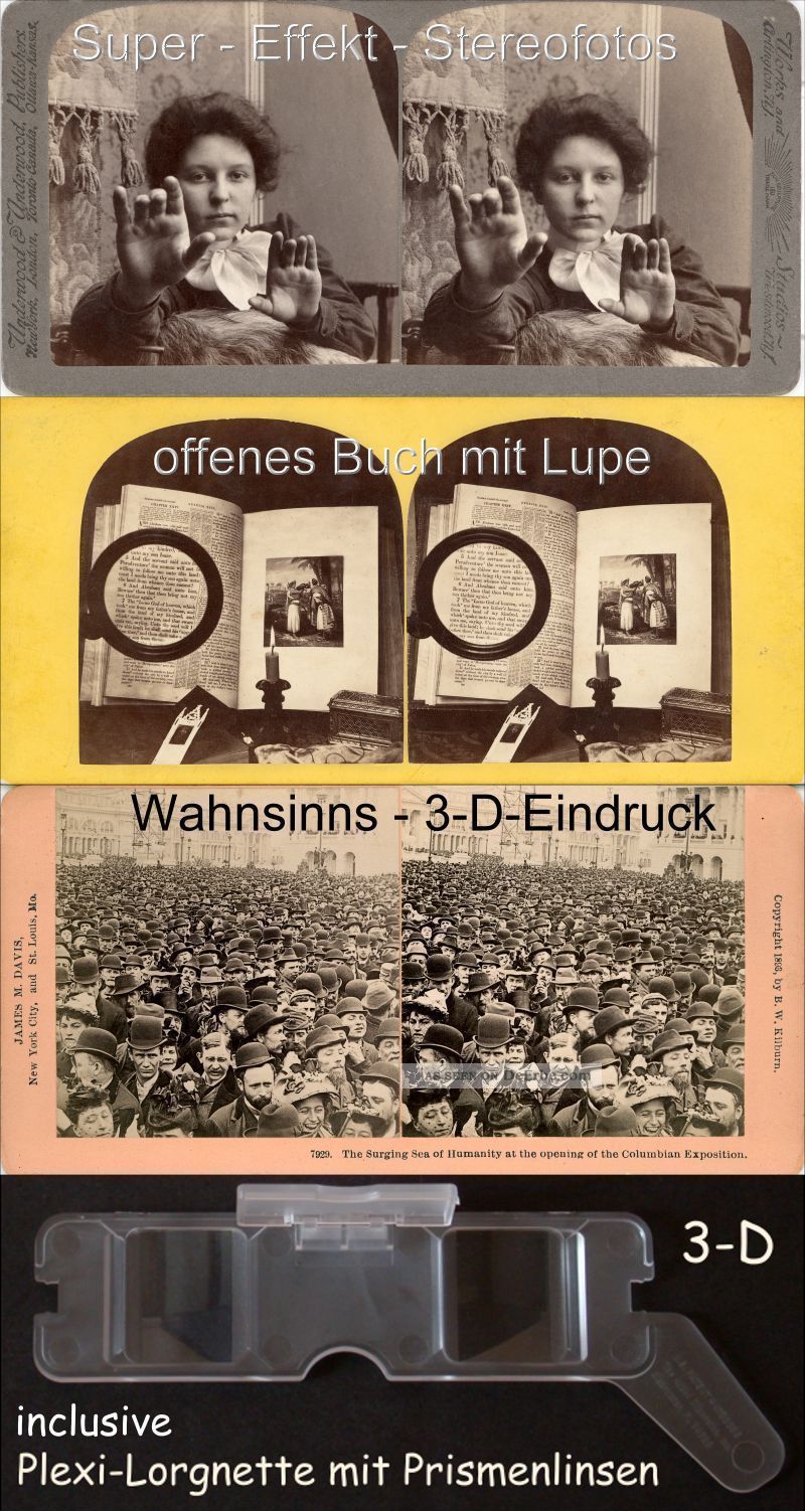 Stereobrille - Plexilorgnette & 3 Stereofotos A 9cm 18cm - Stereobetrachter