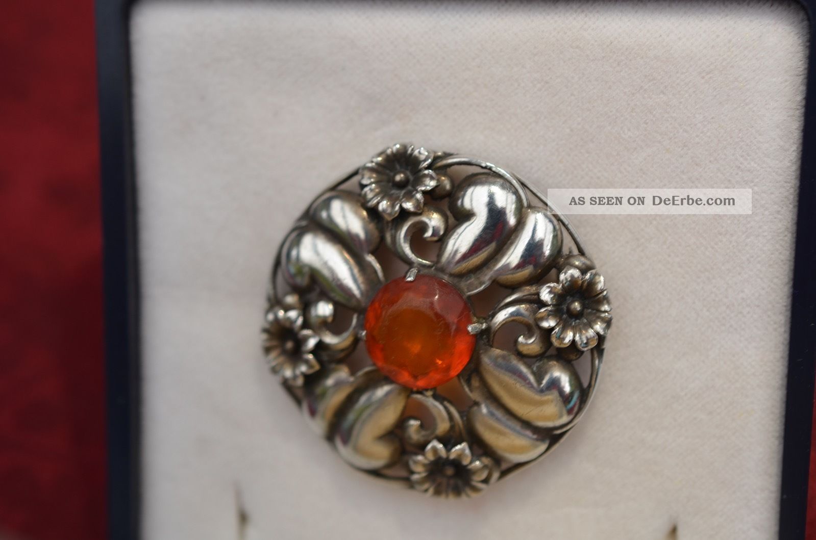 Alte Silber Art Deco Brosche Mit Bernstein Besetzt