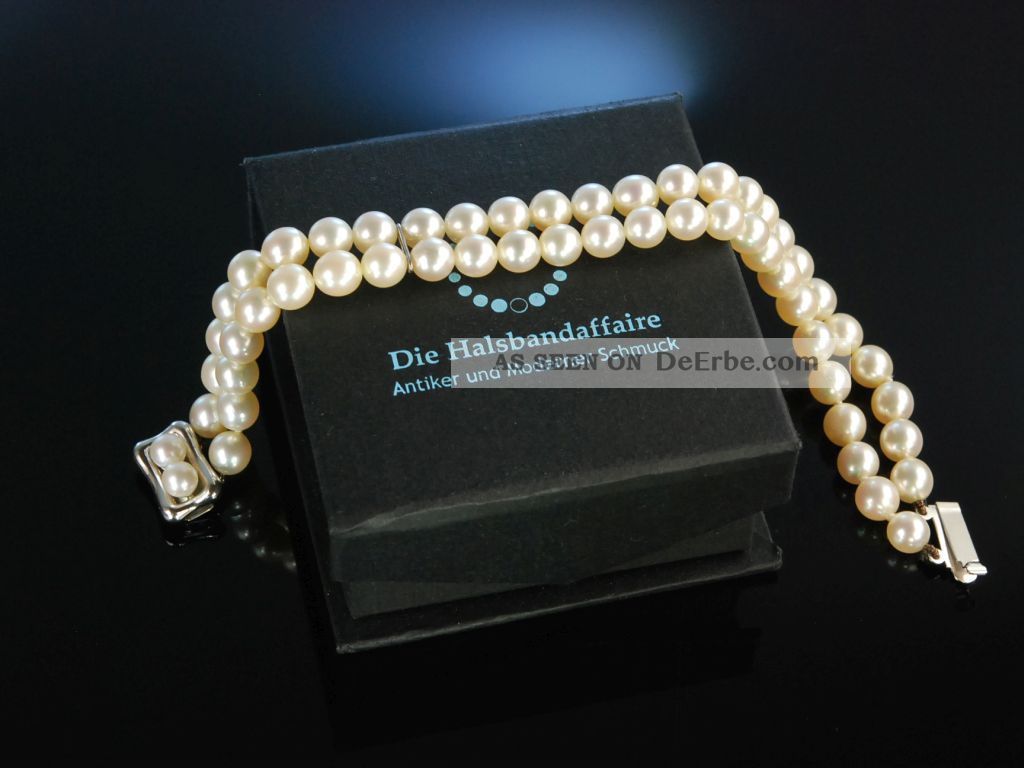 Edler Klassiker Akoya Zucht Perlen Armband Gold 585 2 Reihig Pearl Bracelet